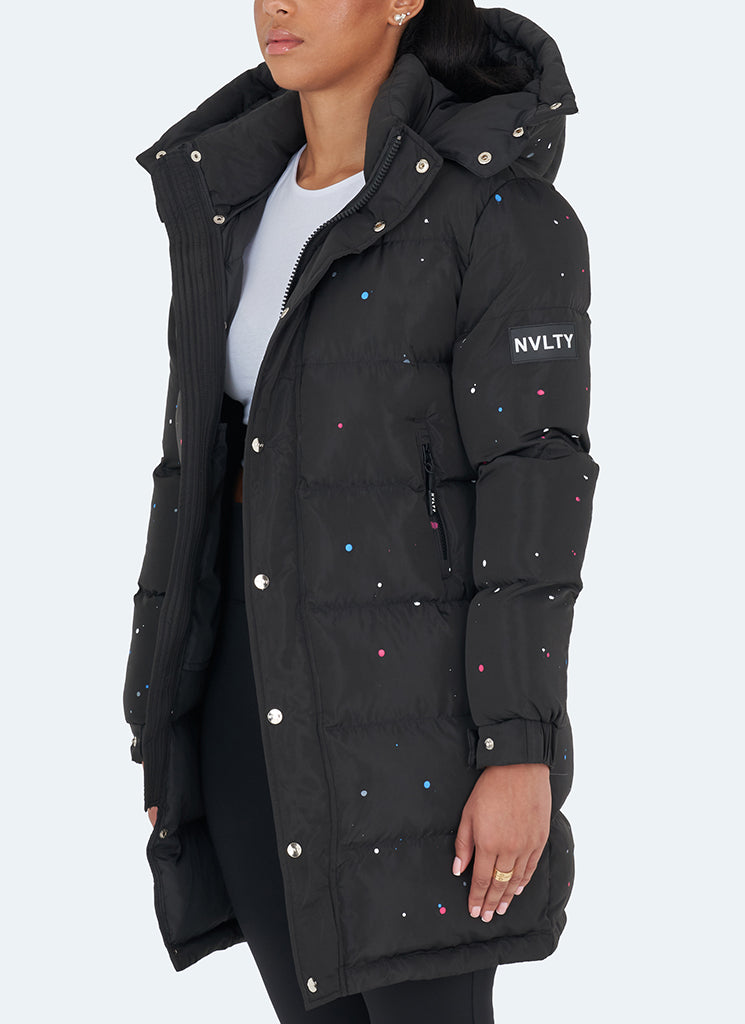 NVLTY - Womens Long Paint Puffer Jacket - Black – N V L T Y
