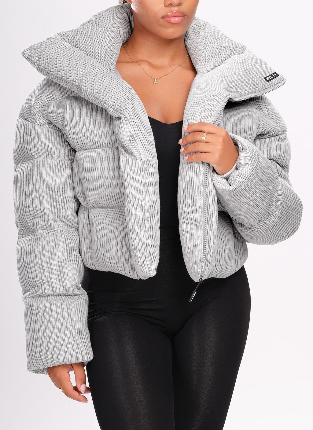 NVLTY - Womens Knit Shawl Collar Puffer Jacket - Grey – N V L T Y